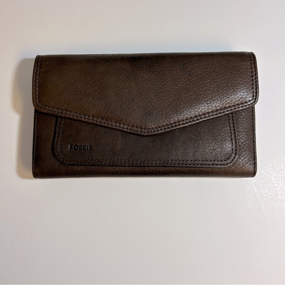 Fossil | Bags | Fossil Brown Leather Trifold Checkbook Organizer Wallet ...